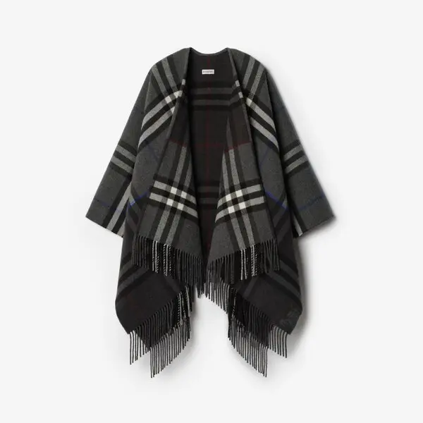 Burberry Contrast Check Cashmere Wool Cape - Marlborough Grey/charcoal Grey
