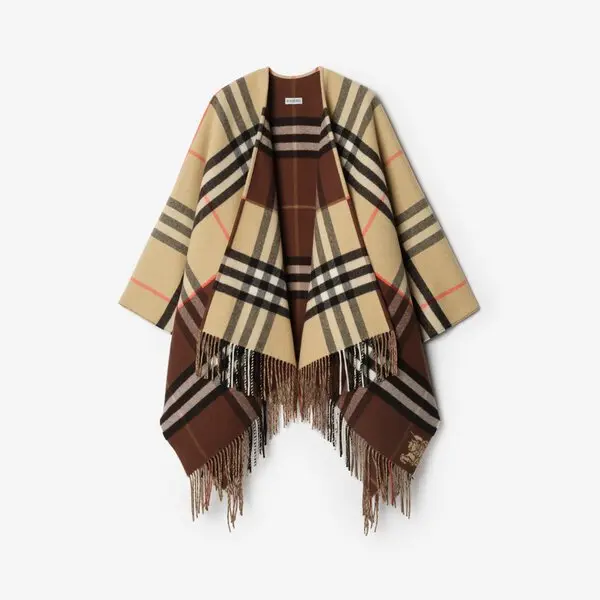 Burberry Contrast Check Cashmere Wool Cape - Sand Beige/treacle Brown