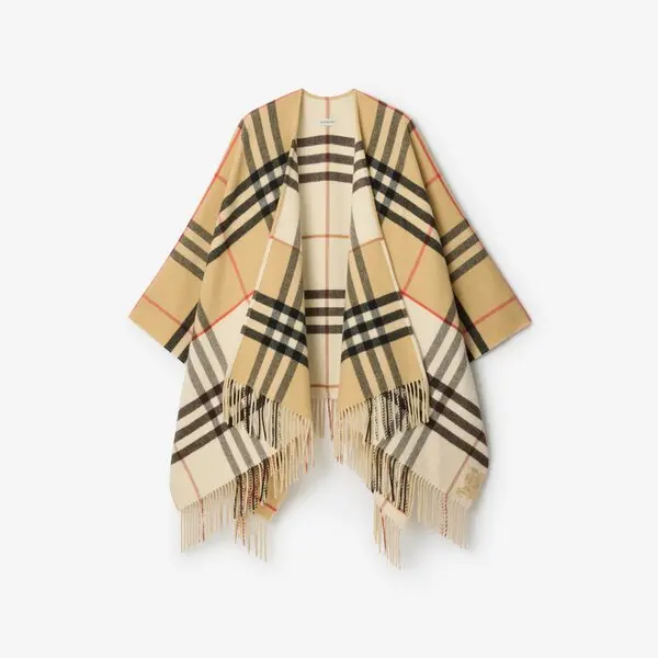 Burberry Contrast Check Cashmere Wool Cape - Sand/pebble White