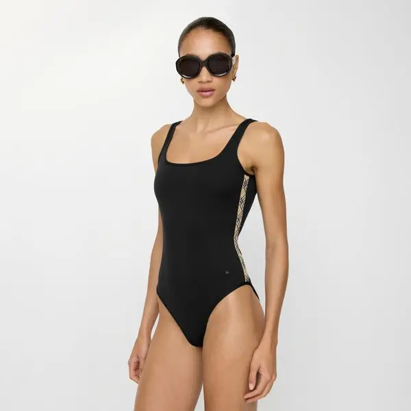 Burberry Stretch Nylon One Piece With Equestrian Knight Design And Check Trims - Black