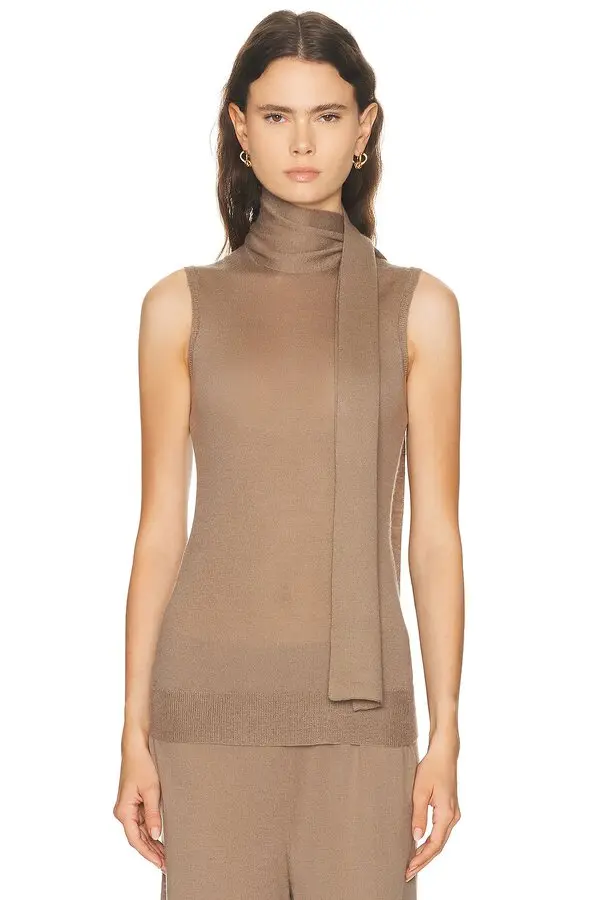 Enza Costa Tissue Cashmere Sleeveless Scarf Sweater - Walnut