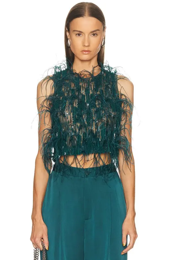 Lapointe Cascading Feather Embellished Cropped Tank Top
