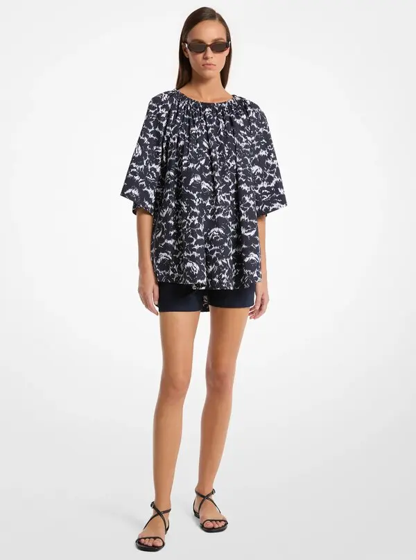 Michael Kors Floral Chiné Cotton Poplin Blouse - Blue