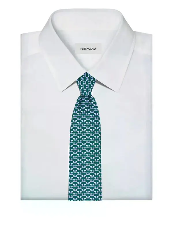 FERRAGAMO Terrier Print Silk Neck Tie - Green
