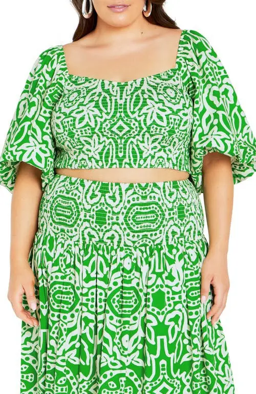 City Chic Hanna Printed Smocked Crop Top - Green Print