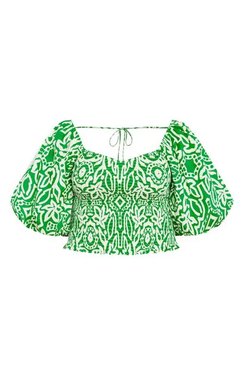 City Chic Hanna Printed Smocked Crop Top - Green Print