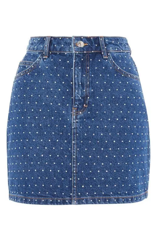 Topshop Crystal Studded Denim Miniskirt