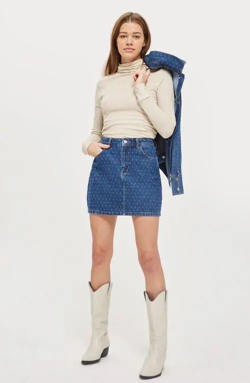 Topshop Crystal Studded Denim Miniskirt