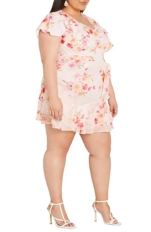 City Chic Floral Tie Waist Mini Dress - Ivory Bloom