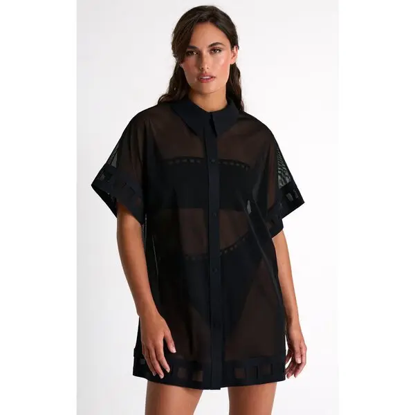 Shan Mesh Shirt Dress With Mosaic Cutouts - Black