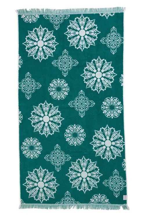 INFUSEZEN Geometric Floral Organic Cotton Full Terry Turkish Towel - Seagreen