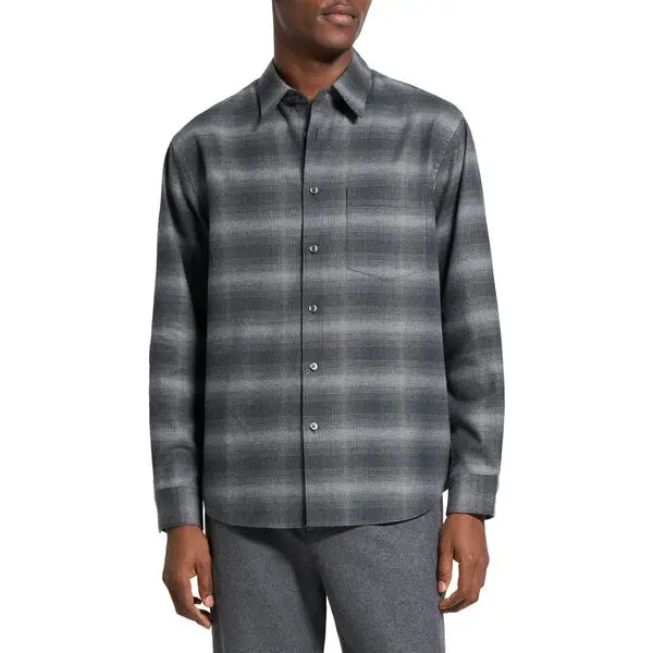Theory Weekend Gradient Check Brushed Cotton Button-up Overshirt - Charcoal Melange Multi - Wx6