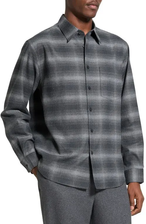 Theory Weekend Gradient Check Brushed Cotton Button-up Overshirt - Charcoal Melange Multi - Wx6
