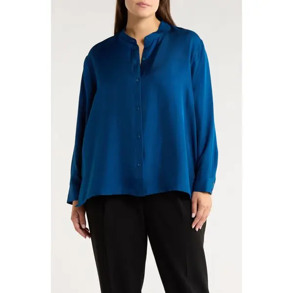Eileen Fisher Mandarin Collar Silk Button-up Shirt