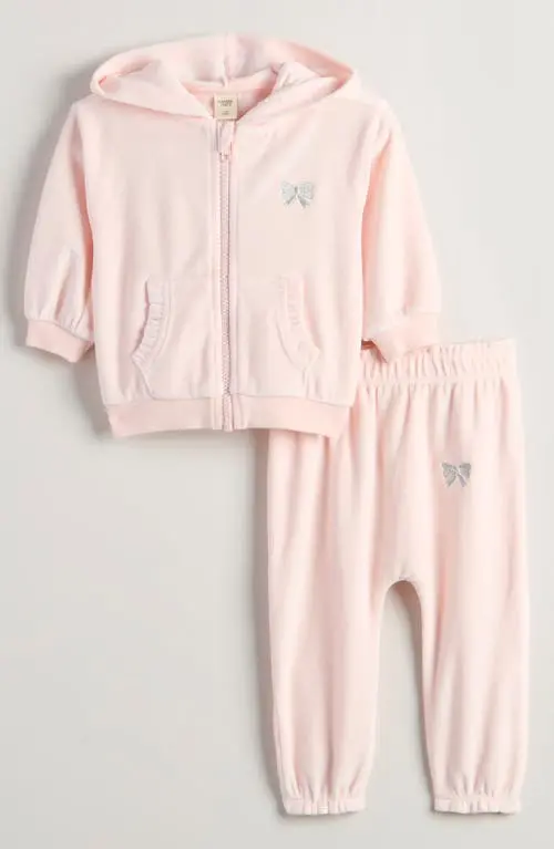 TUCKER + TATE Velour Full Zip Hoodie & Joggers Set With Bow Embroidery - Pink Balm- Silver Bow
