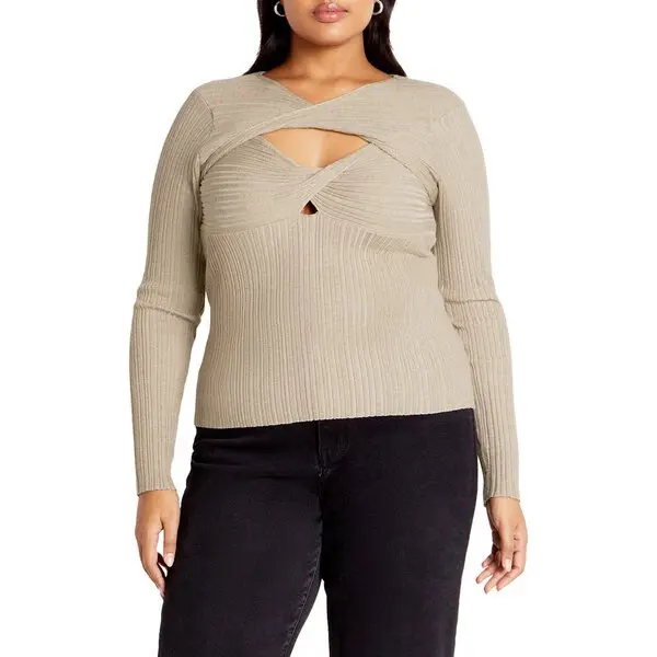 City Chic Tessa Cutout Ribbed Sweater - Cream Marle