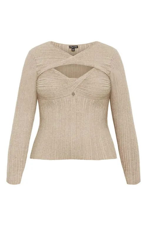 City Chic Tessa Cutout Ribbed Sweater - Cream Marle