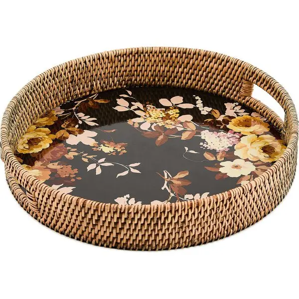 MACKENZIE-CHILDS Wild Rose Enameled Steel & Rattan Tray - Brown