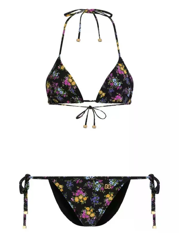 Dolce & Gabbana Floral-print Triangle Bikini Set - Black