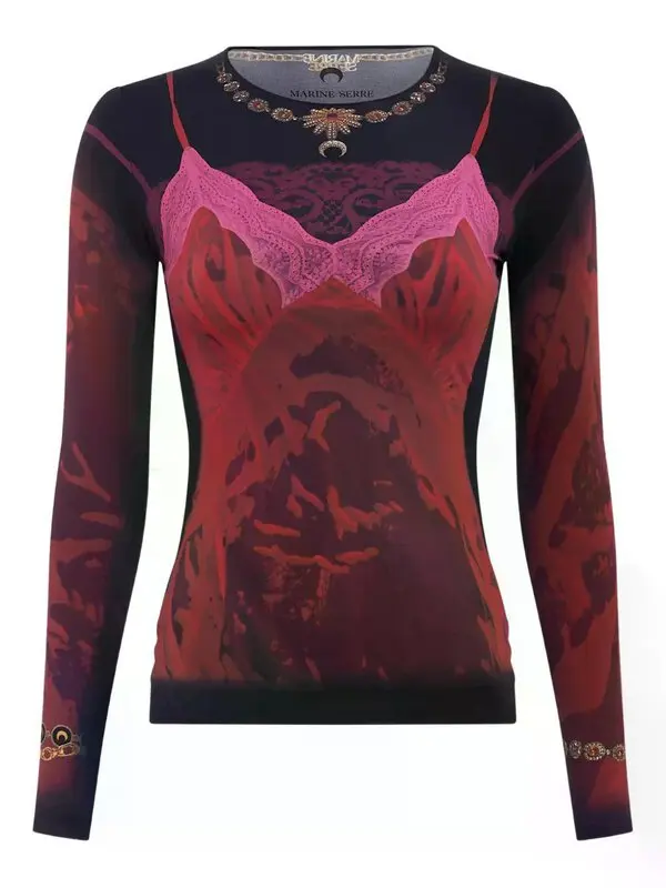 MARINE SERRE Printed Crewneck Long Sleeve T-shirt - Red