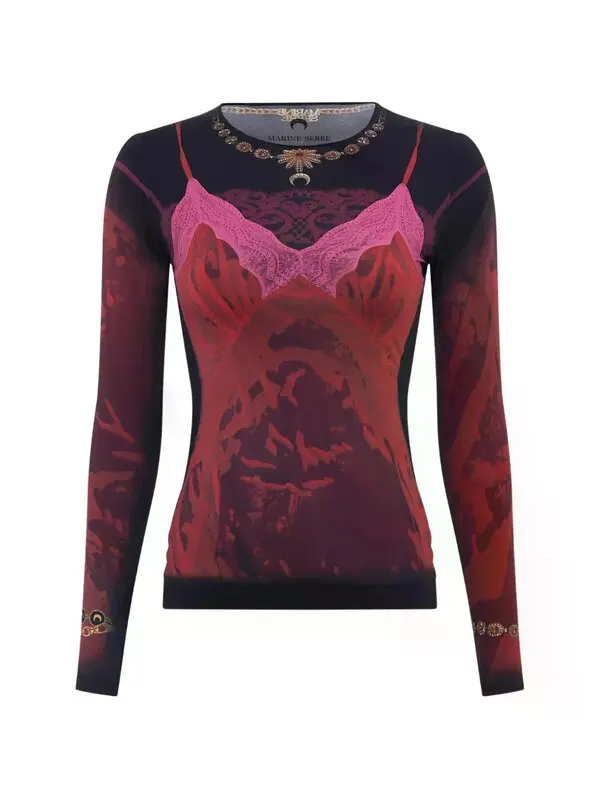 MARINE SERRE Printed Crewneck Long Sleeve T-shirt - Red