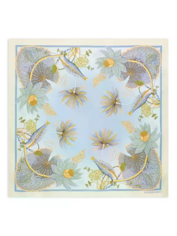FERRAGAMO Water Lilies Floral Silk Scarf - Blue