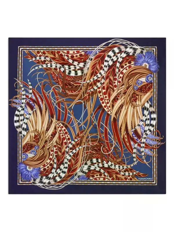 FERRAGAMO Rooster-print Silk Scarf - Blue