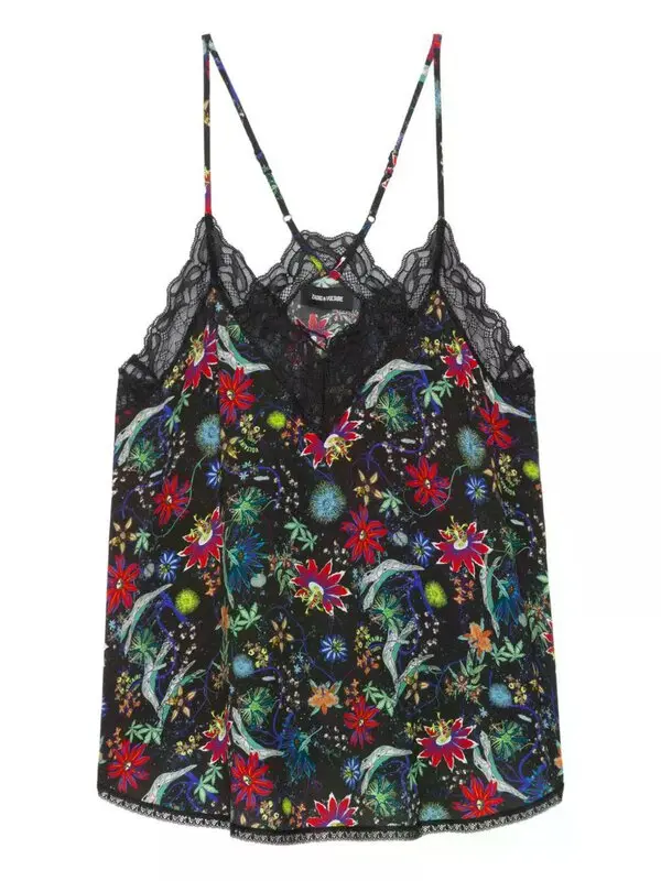 Zadig&Voltaire Christy Floral Print Lace Trim Camisole - Black