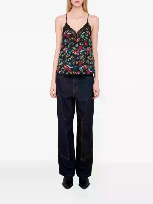 Zadig&Voltaire Christy Floral Print Lace Trim Camisole - Black