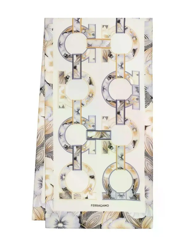 FERRAGAMO Gancini Floral Print Silk Scarf - Neutrals