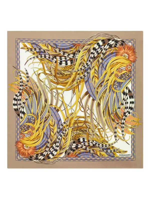 FERRAGAMO Rooster Print Silk Scarf - Neutrals