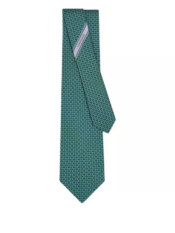FERRAGAMO Gancini Print Silk Neck Tie - Green