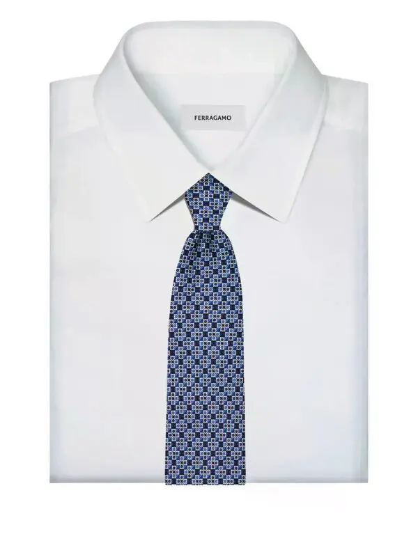 FERRAGAMO Gancini Square Print Silk Tie - Blue