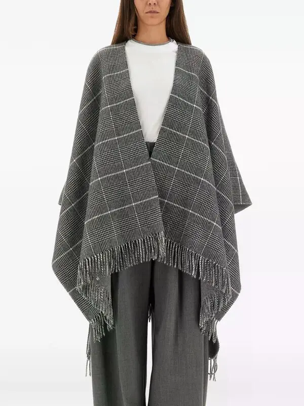 Brunello Cucinelli Check-pattern Cape With Fringed Trim - Grey