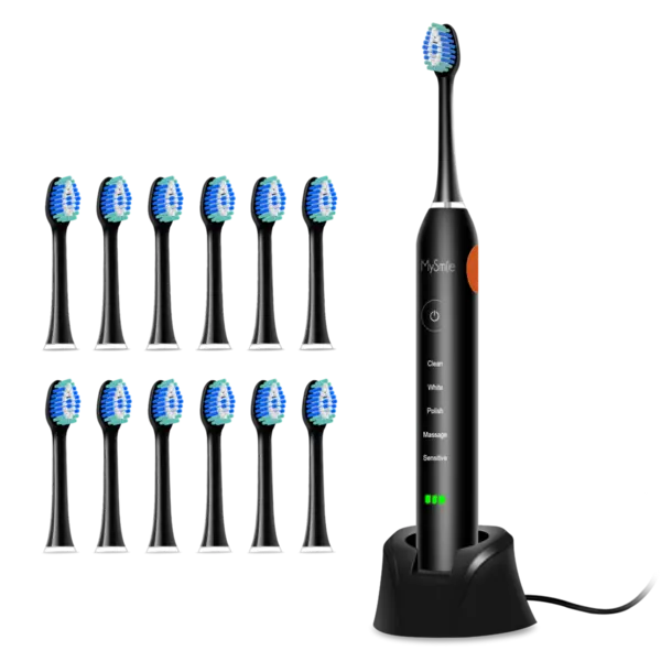 MYSMILE Sonic Toothbrush & Replacement Heads Bundle - Black