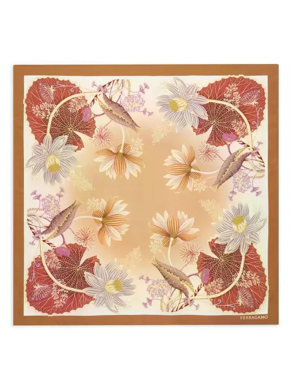 FERRAGAMO Water Lilies Printed Silk Scarf - Brown