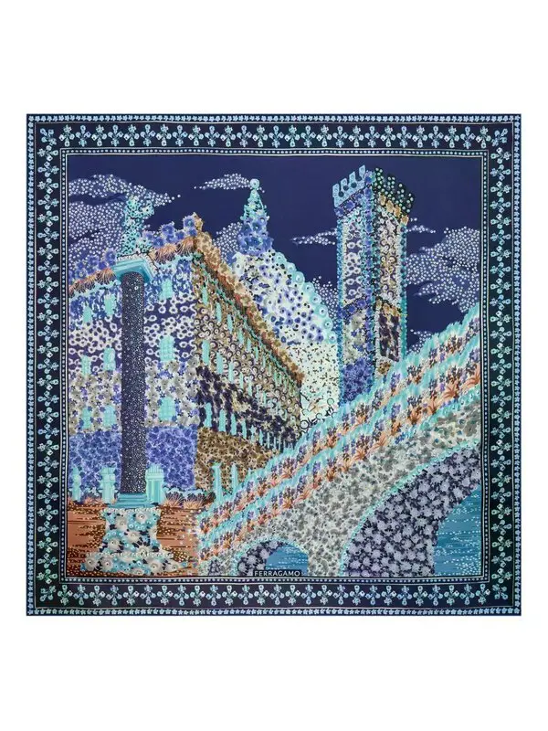 FERRAGAMO Palazzo Feroni Print Silk Scarf - Blue