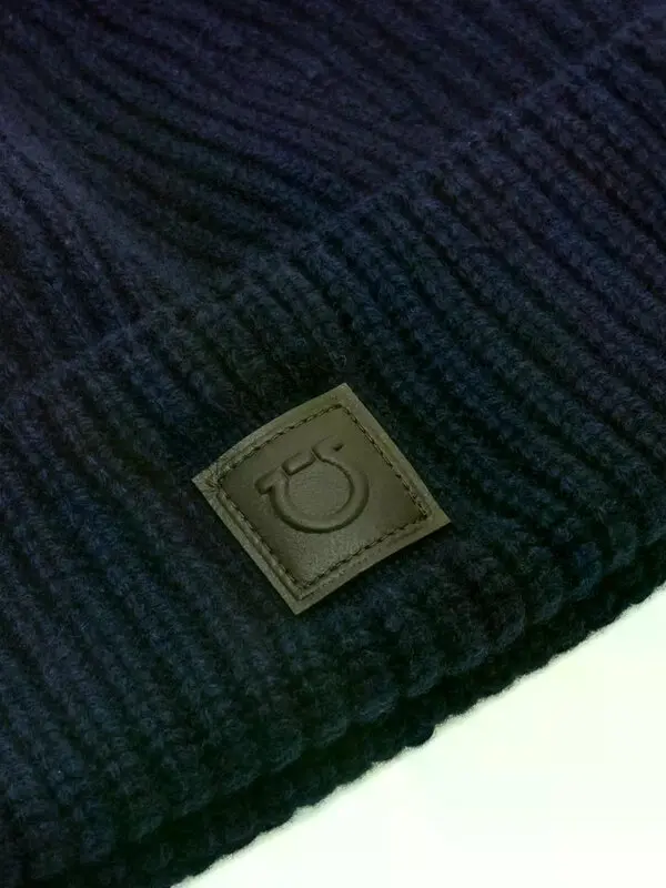 FERRAGAMO Ribbed Knit Beanie With Suede Tag - Blue