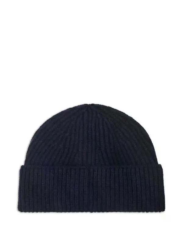 FERRAGAMO Ribbed Knit Beanie With Suede Tag - Blue