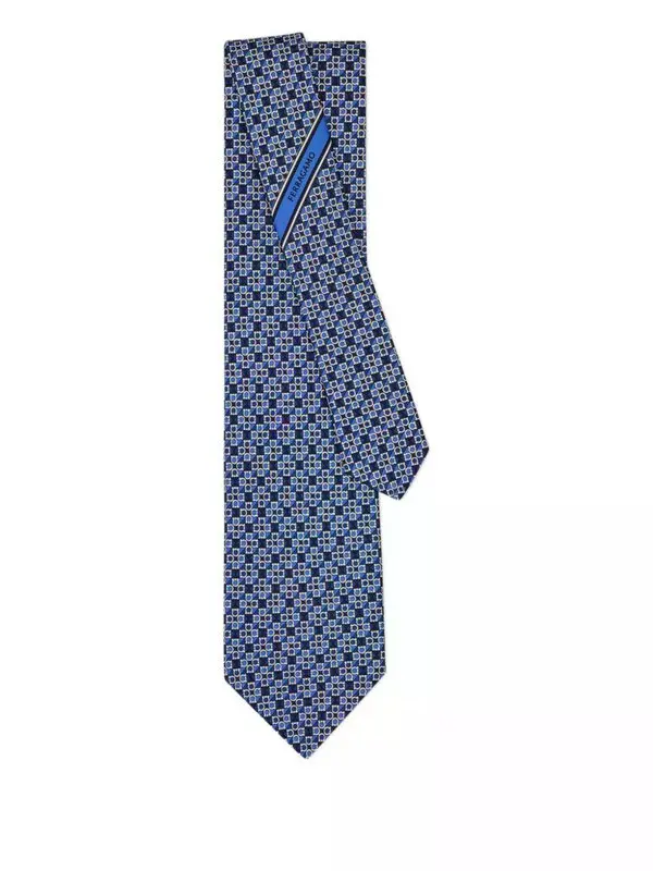 FERRAGAMO Gancini Square Print Silk Neck Tie - Blue