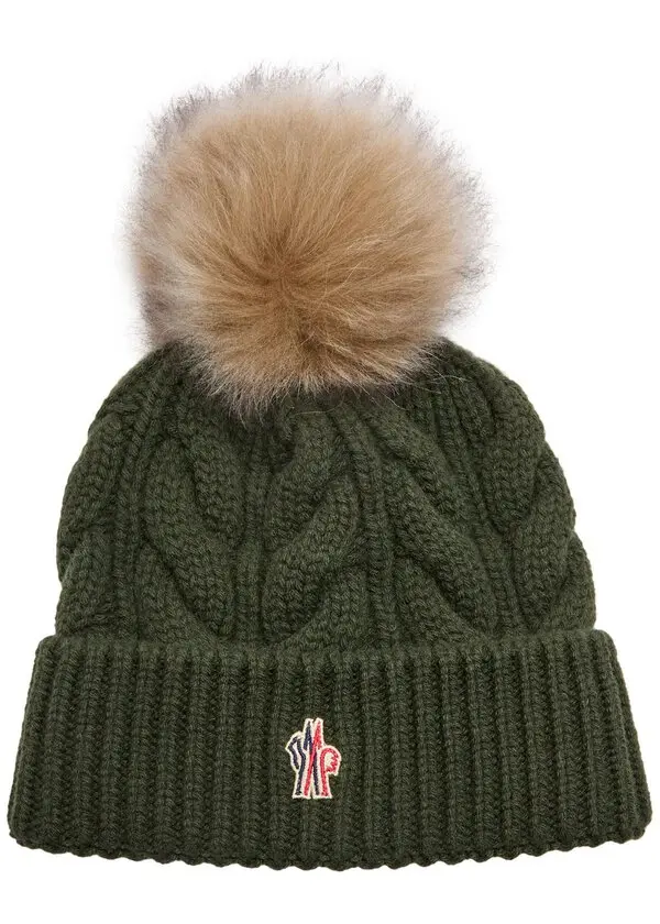 Moncler Pompom Cable-knit Wool-blend Beanie - Green Dark