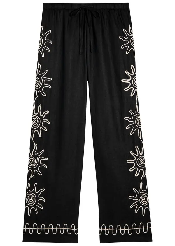 Rails X Lspace Emmie Embroidered Linen Trousers - Black