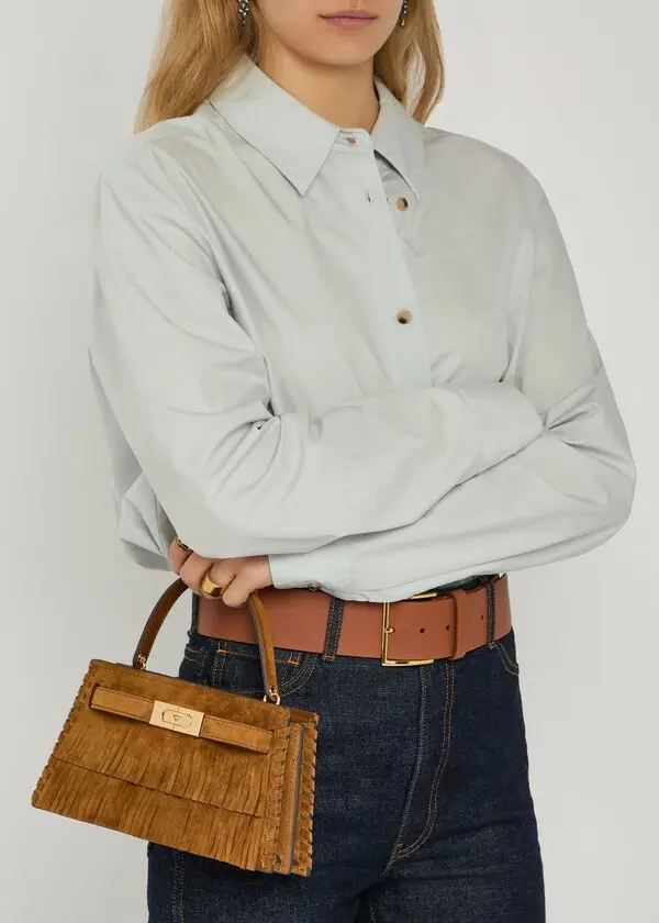 Tory Burch Lee Radziwill Mini Fringed Top Handle Bag - Tan