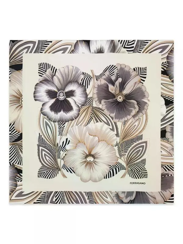 FERRAGAMO Floral Print Silk Scarf - Neutrals