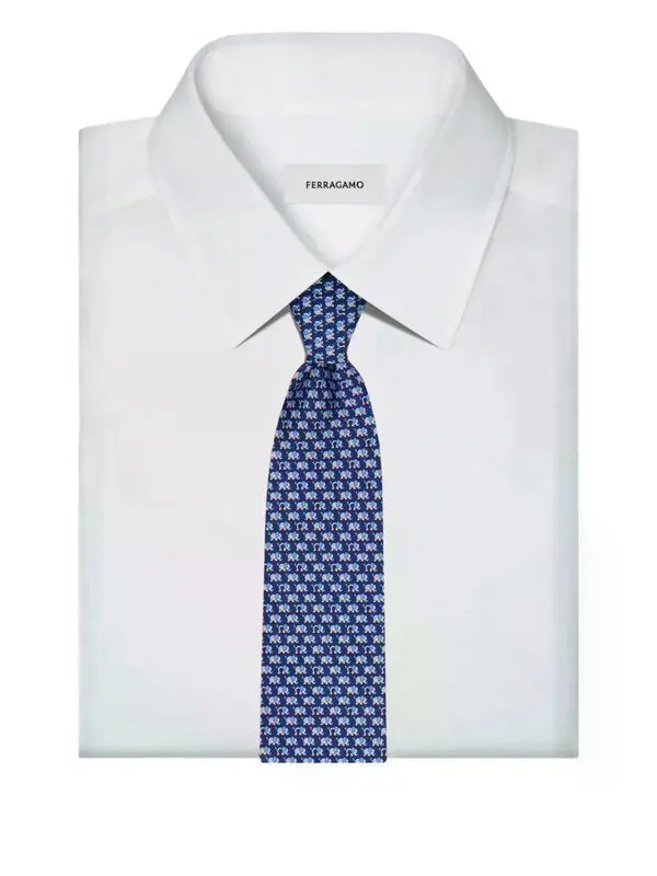 FERRAGAMO Elephant Gancini Print Tie - Blue