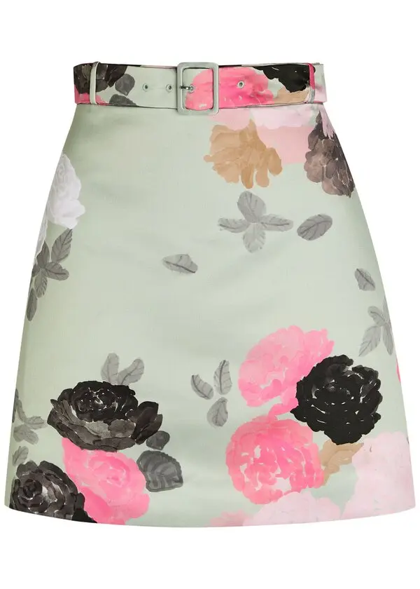 Bernadette Eva Belted Floral-print Satin Skirt