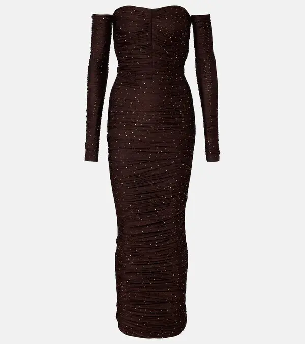 Alex Perry Ruched Embellished Jersey Gown - Brown