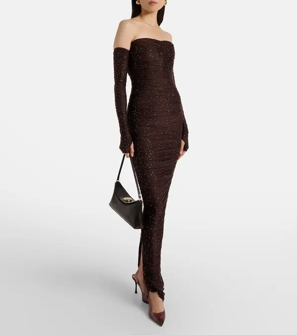 Alex Perry Ruched Embellished Jersey Gown - Brown