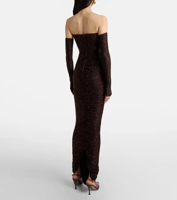 Alex Perry Ruched Embellished Jersey Gown - Brown