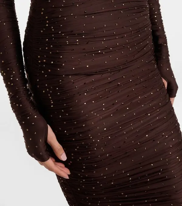 Alex Perry Ruched Embellished Jersey Gown - Brown